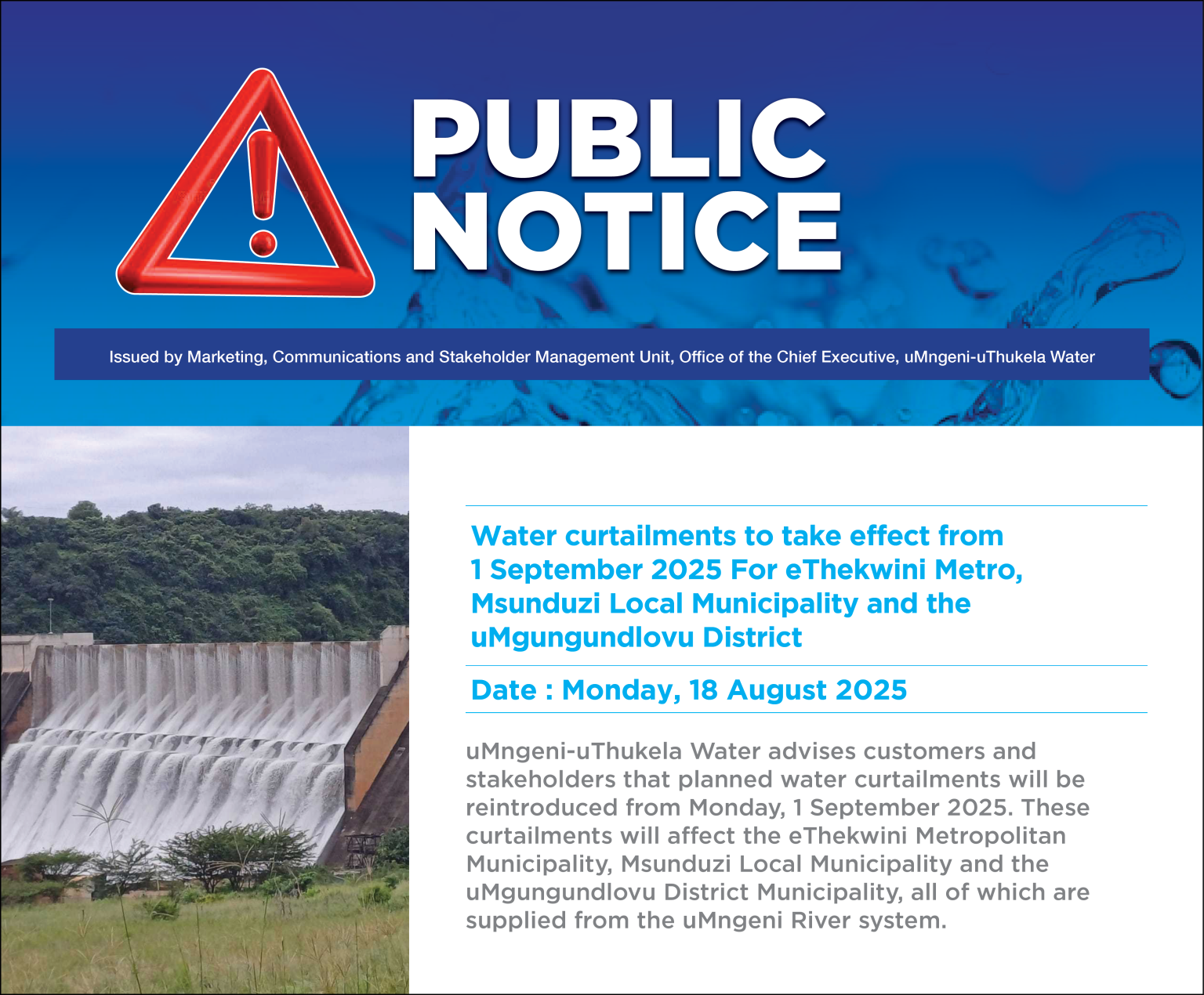 MEDIA AND PUBLIC STATEMENT: WATER CURTAILMENTS TO TAKE EFFECT FROM 1 ...