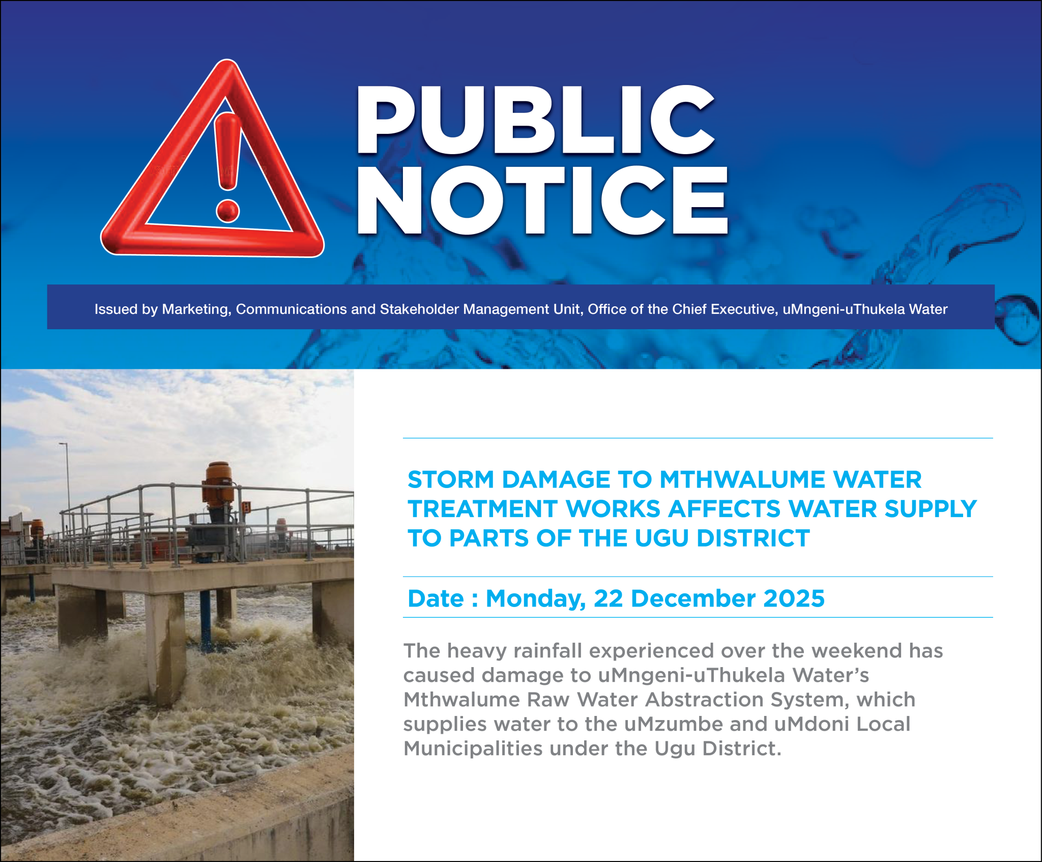 PUBLIC NOTICE: STORM DAMAGE TO MTHWALUME WATER TREATMENT WORKS AFFECTS ...